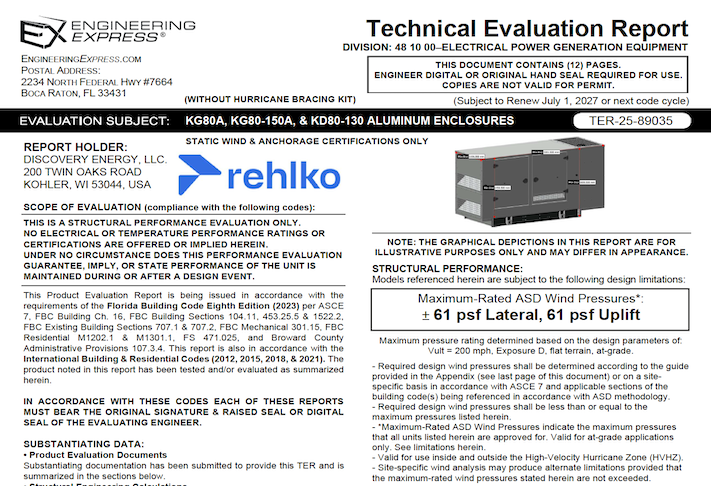 Rehlko: KG80-150A, KD80-130 Enclosures (Static-Anchorage) Technical Evaluation