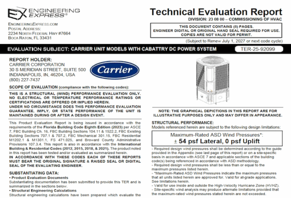 Carrier: Units with Cabattry DC Power System Technical Evaluation